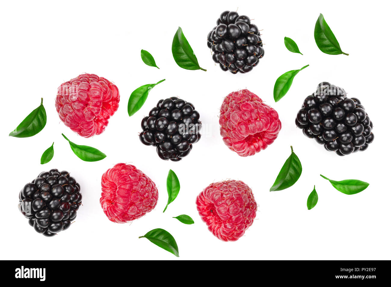 blackberry and raspberry with leaves isolated on white background. Top ...