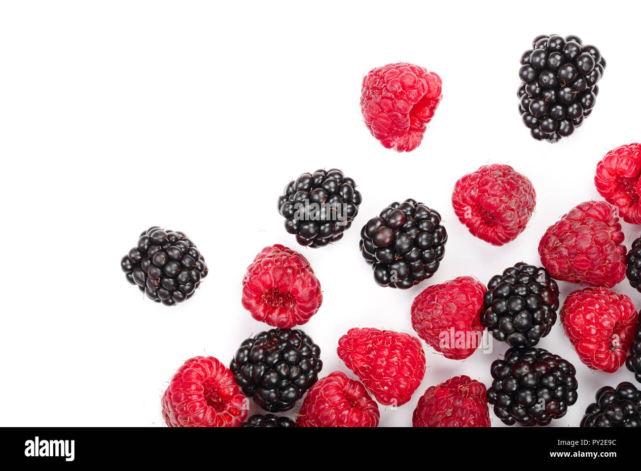 blackberry and raspberry isolated on white background. Top view with ...
