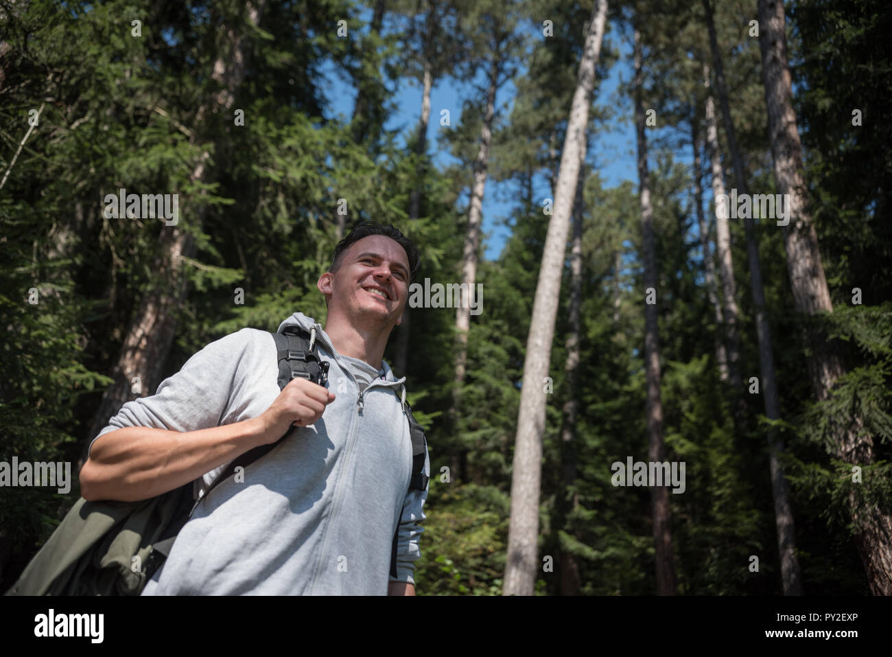 Smiling man hiking through forest hi-res stock photography and images ...