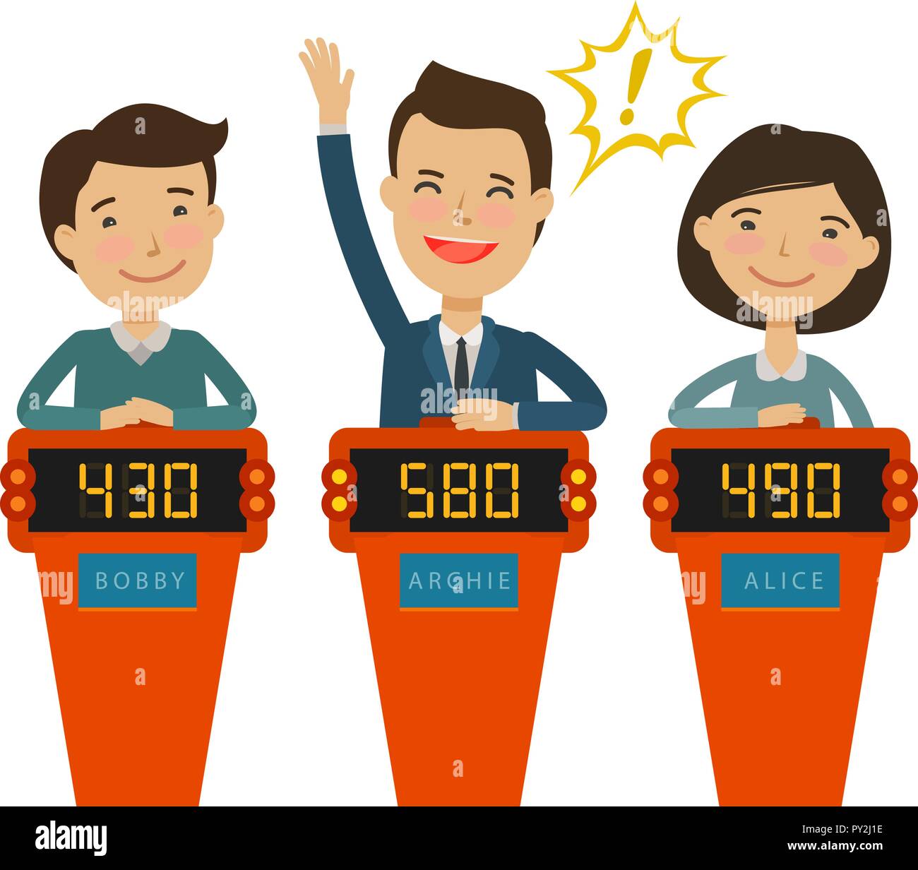 Quiz show, game concept. Players answering questions standing at stand ...