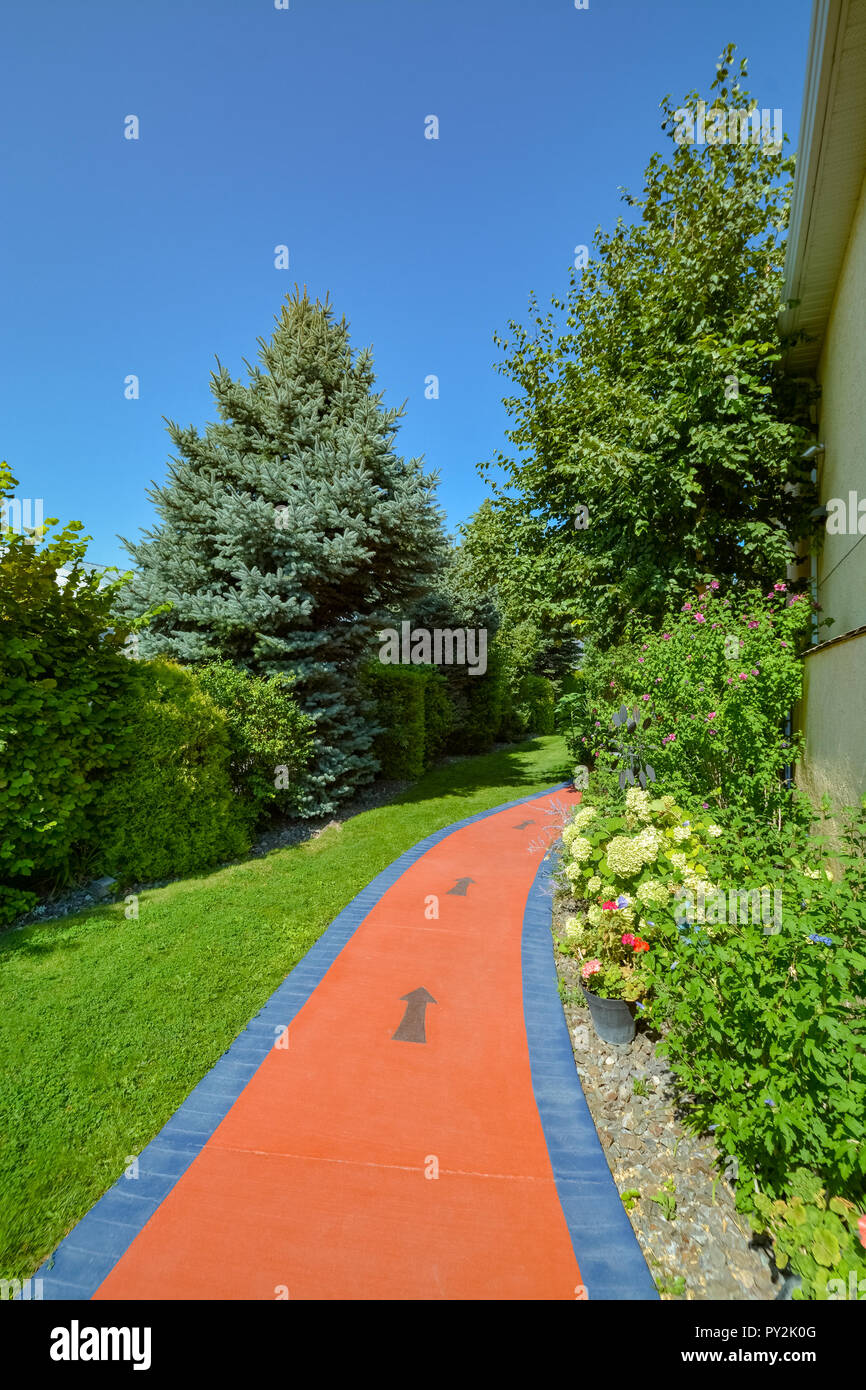 Colored pathway around a house with arrows pointing the direction ...
