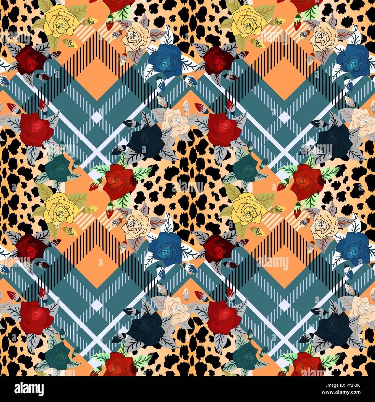 Scottish tartan grunge seamless pattern with leopard skin spots and ...