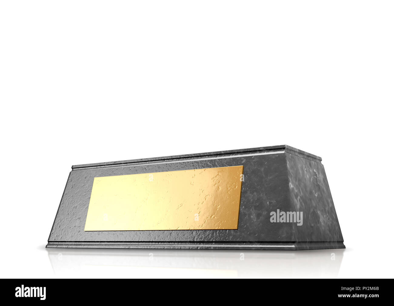 An empty black marble trophy base with a blank golden plaque on an ...