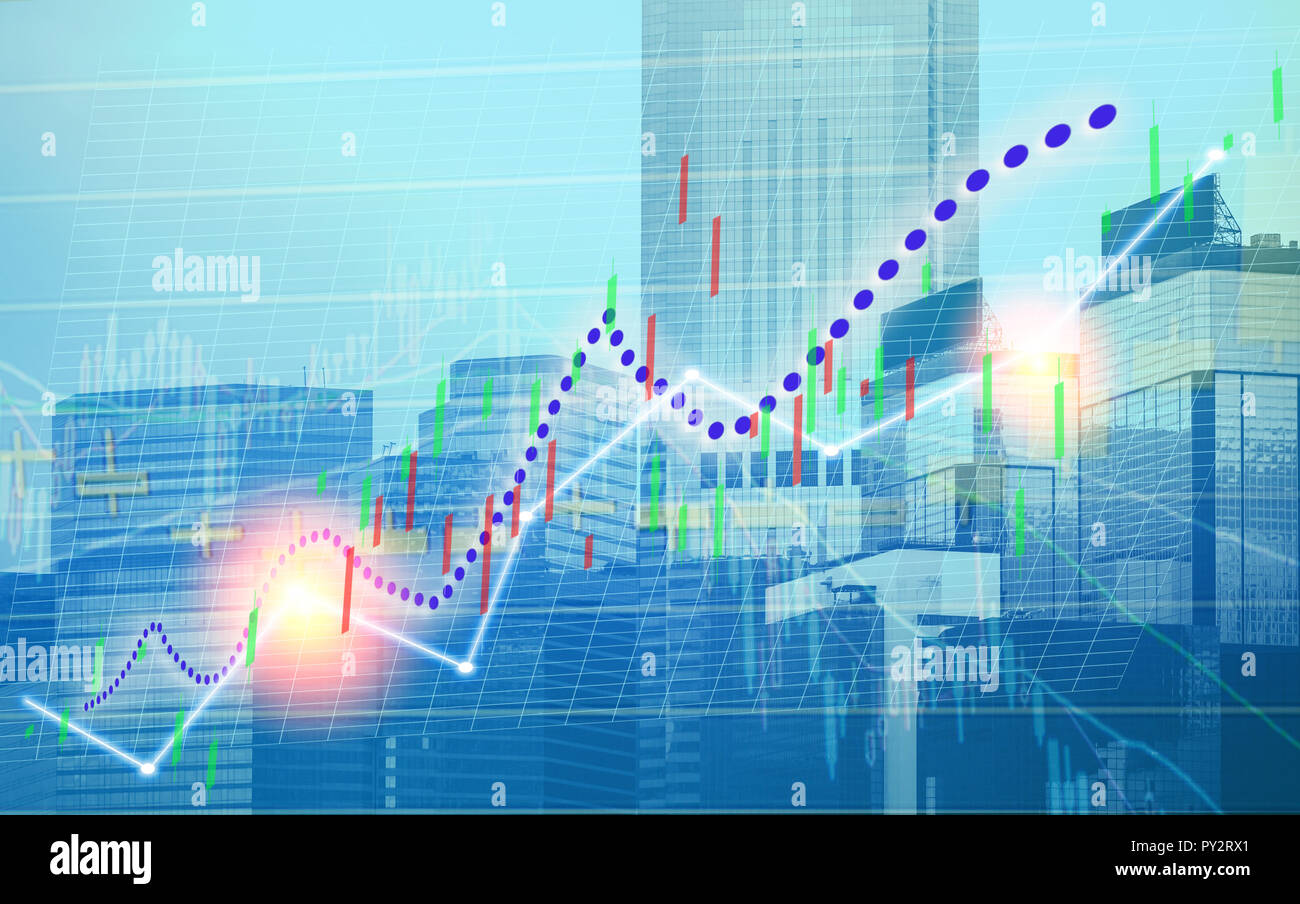 Stock index graph and chart in modern building background (blue bull ...
