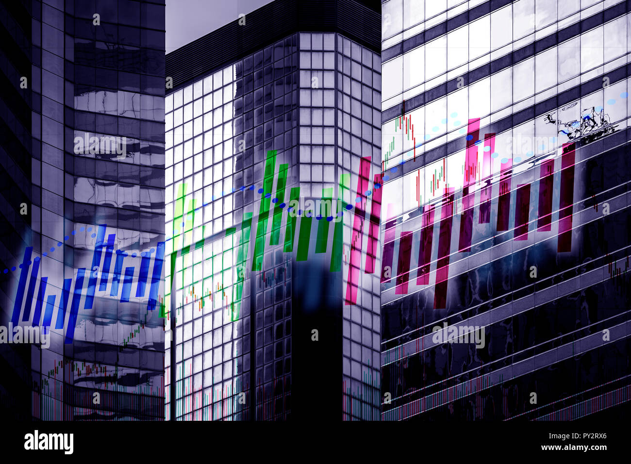 Stock index graph and chart in modern building background (blue bull ...