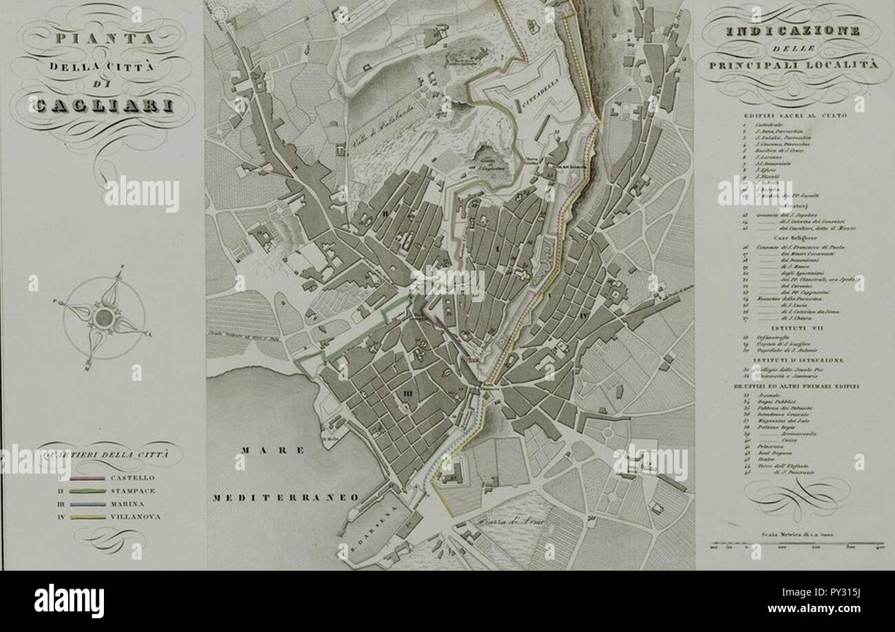 Cagliari map 1844 Stock Photo - Alamy