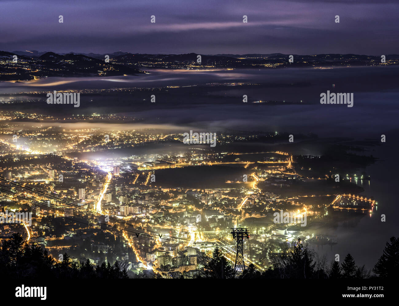 Blick vom Pfaender auf Bregenz, Oesterreich, Nachtaufnahme Stock Photo ...