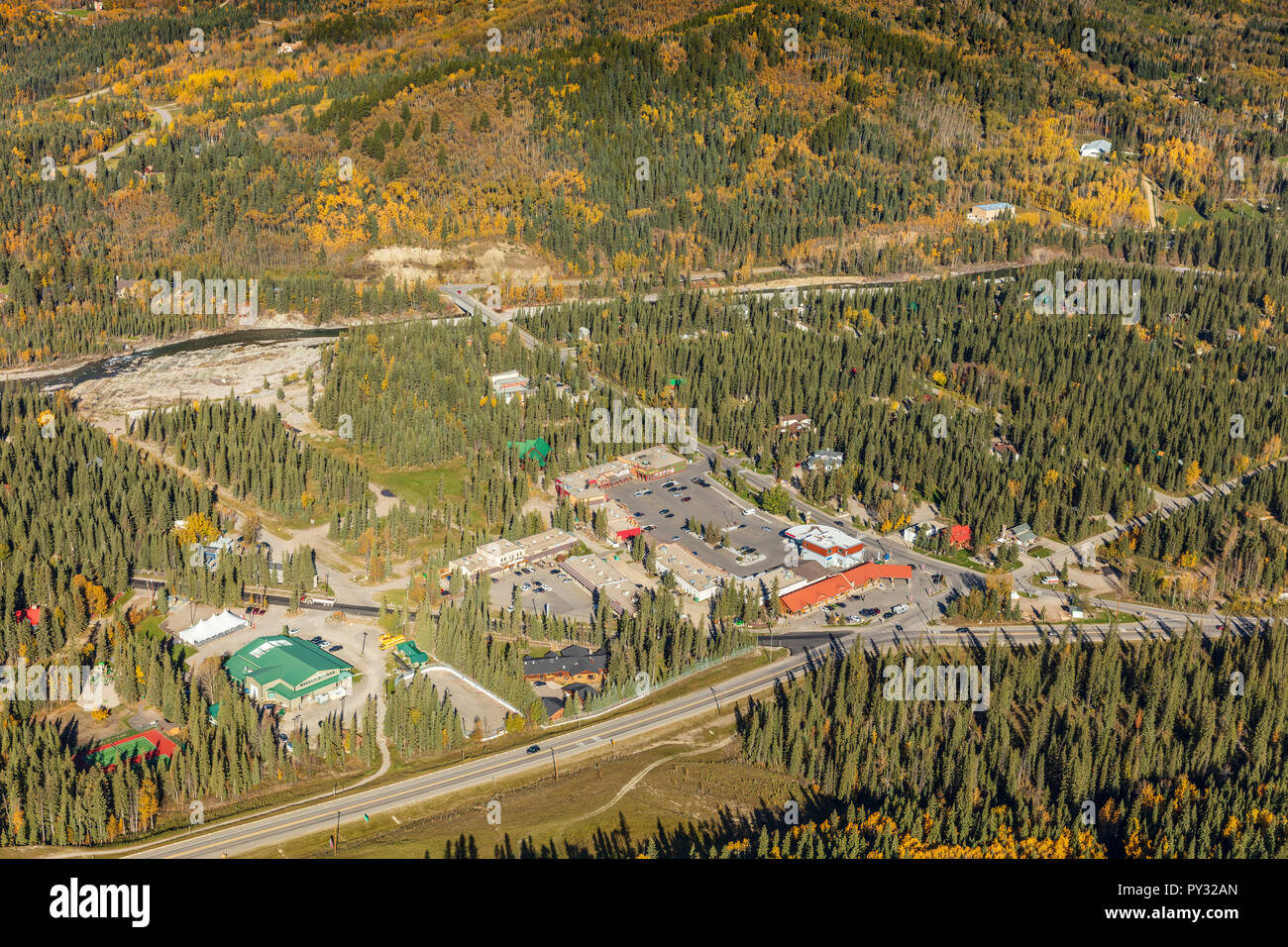 Aerial view of the hamlet of Bragg Creek, Alberta with Elbow River in ...