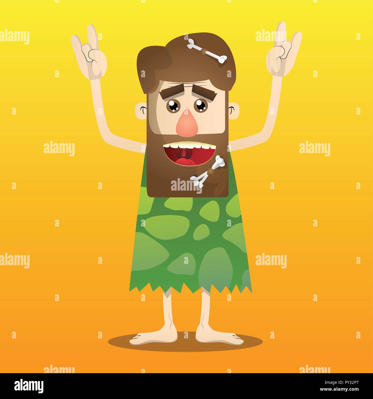 Cartoon caveman with hands in rocker pose. Vector illustration of a man ...