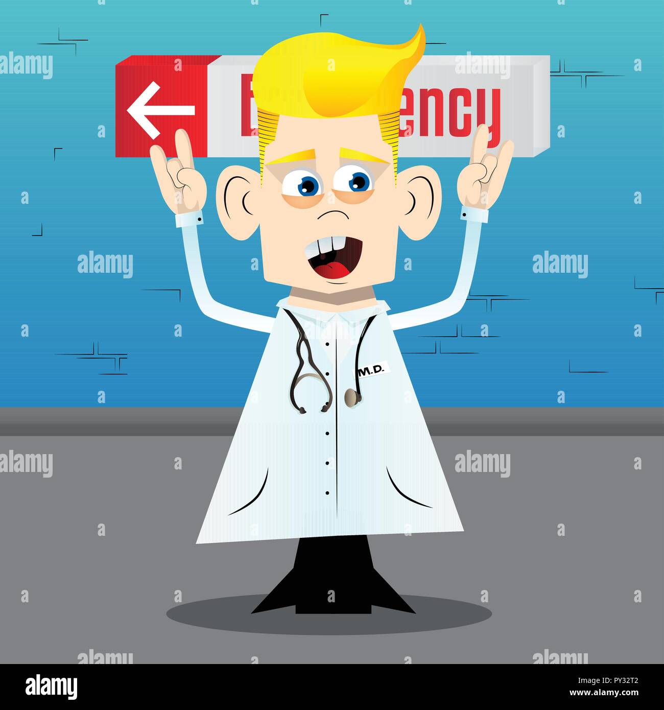 Funny cartoon doctor with hands in rocker pose. Vector illustration ...