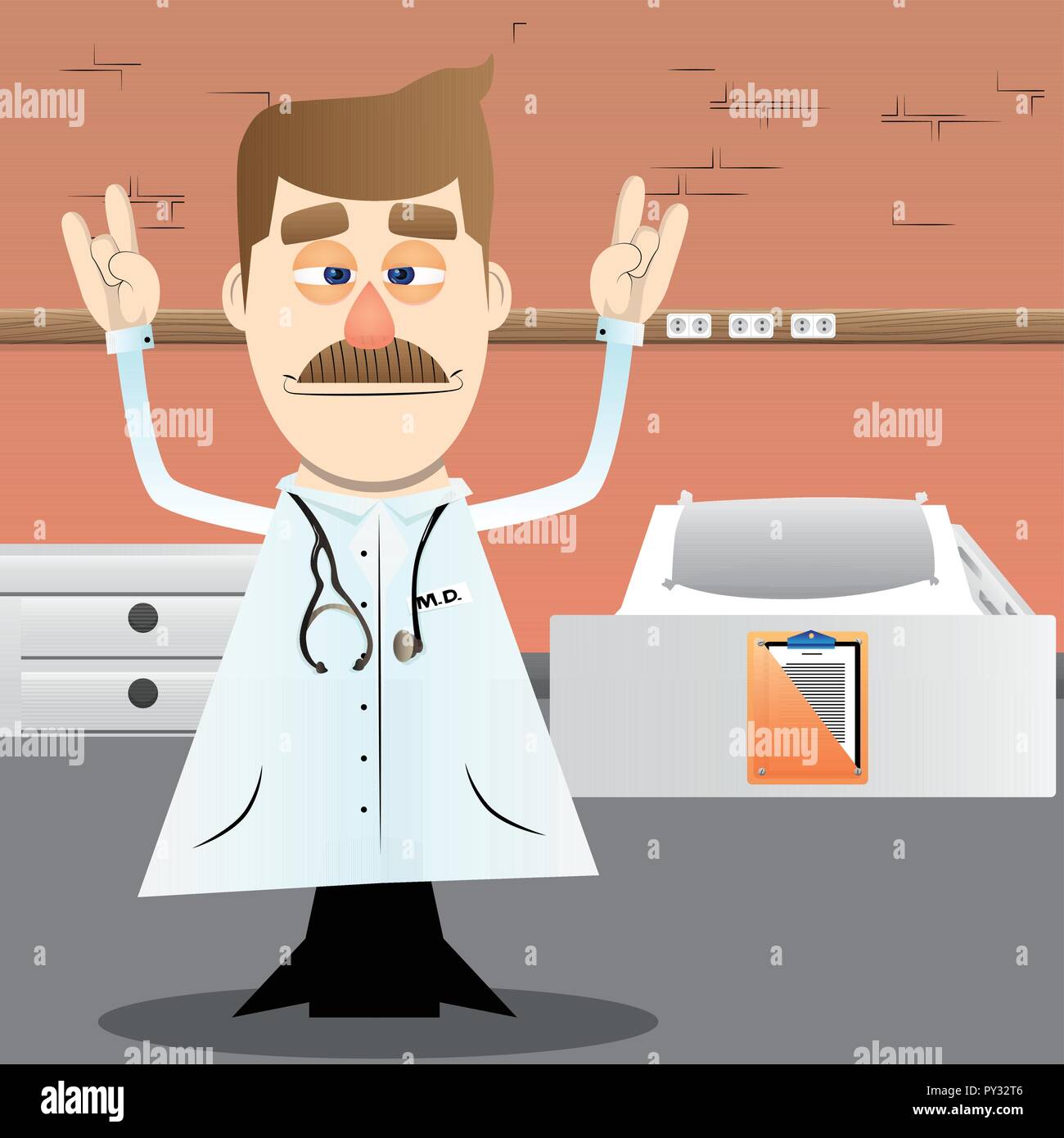 Funny cartoon doctor with hands in rocker pose. Vector illustration ...