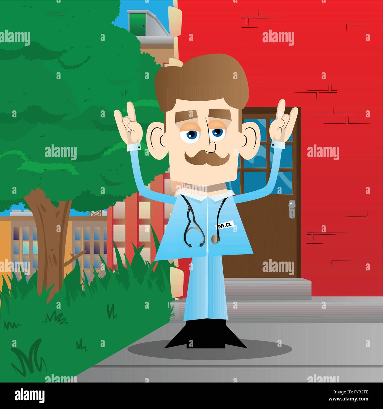 Funny cartoon doctor with hands in rocker pose. Vector illustration ...