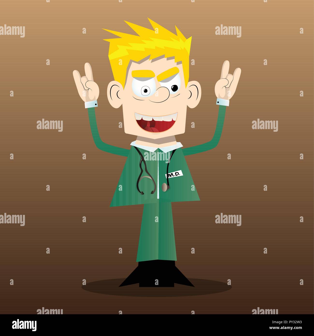 Funny cartoon doctor with hands in rocker pose. Vector illustration ...
