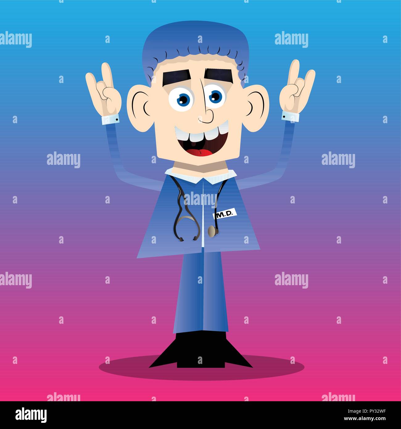 Funny cartoon doctor with hands in rocker pose. Vector illustration ...