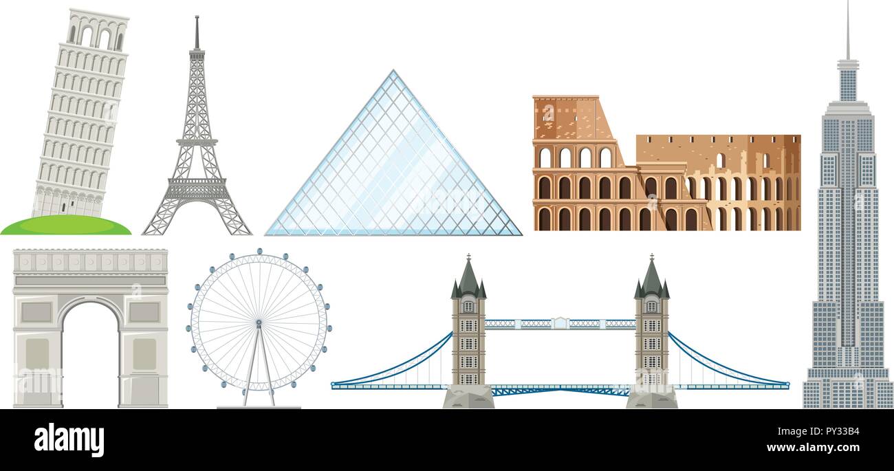 set of International famous landmark illustration Stock Vector Image ...