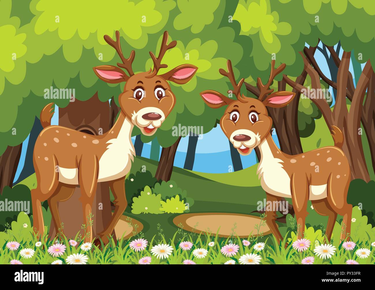 Two deers in woods scene illustration Stock Vector Image & Art - Alamy