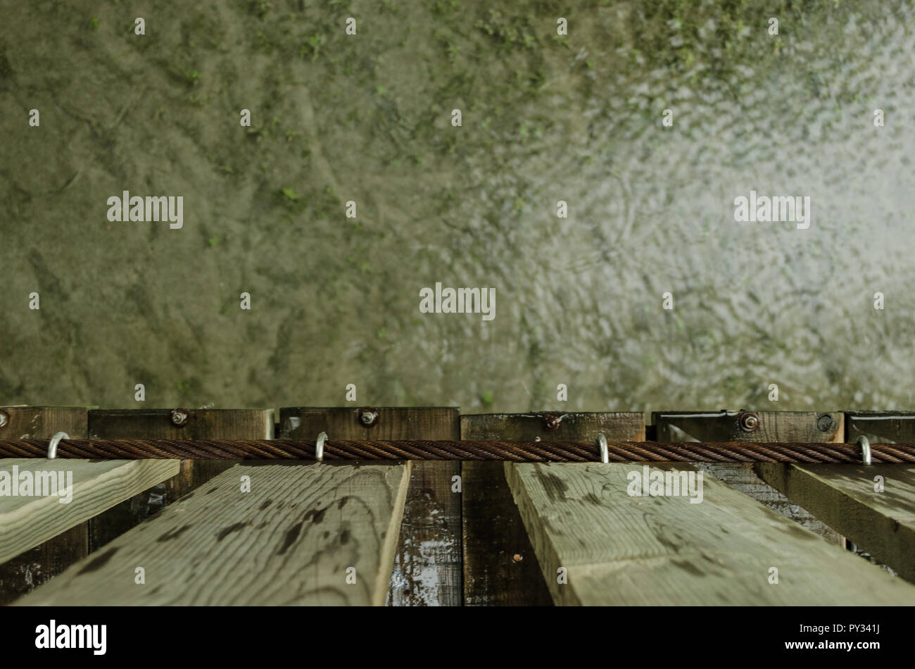 view from above of a wooden bridge, background with the reflection of ...