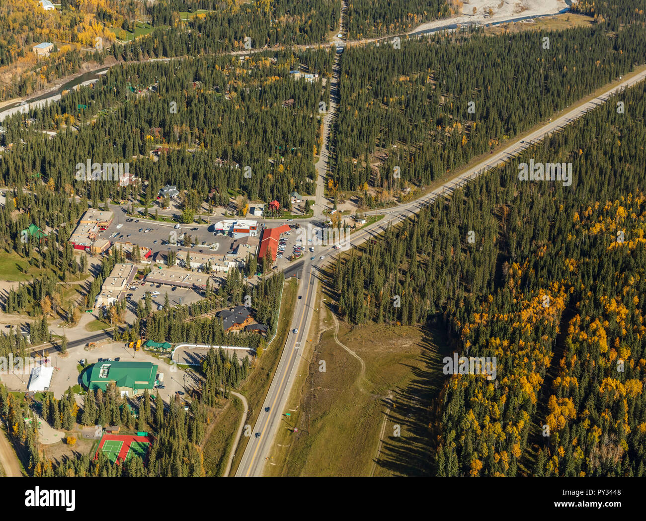 Aerial view of the hamlet of Bragg Creek, Alberta with Elbow River in ...