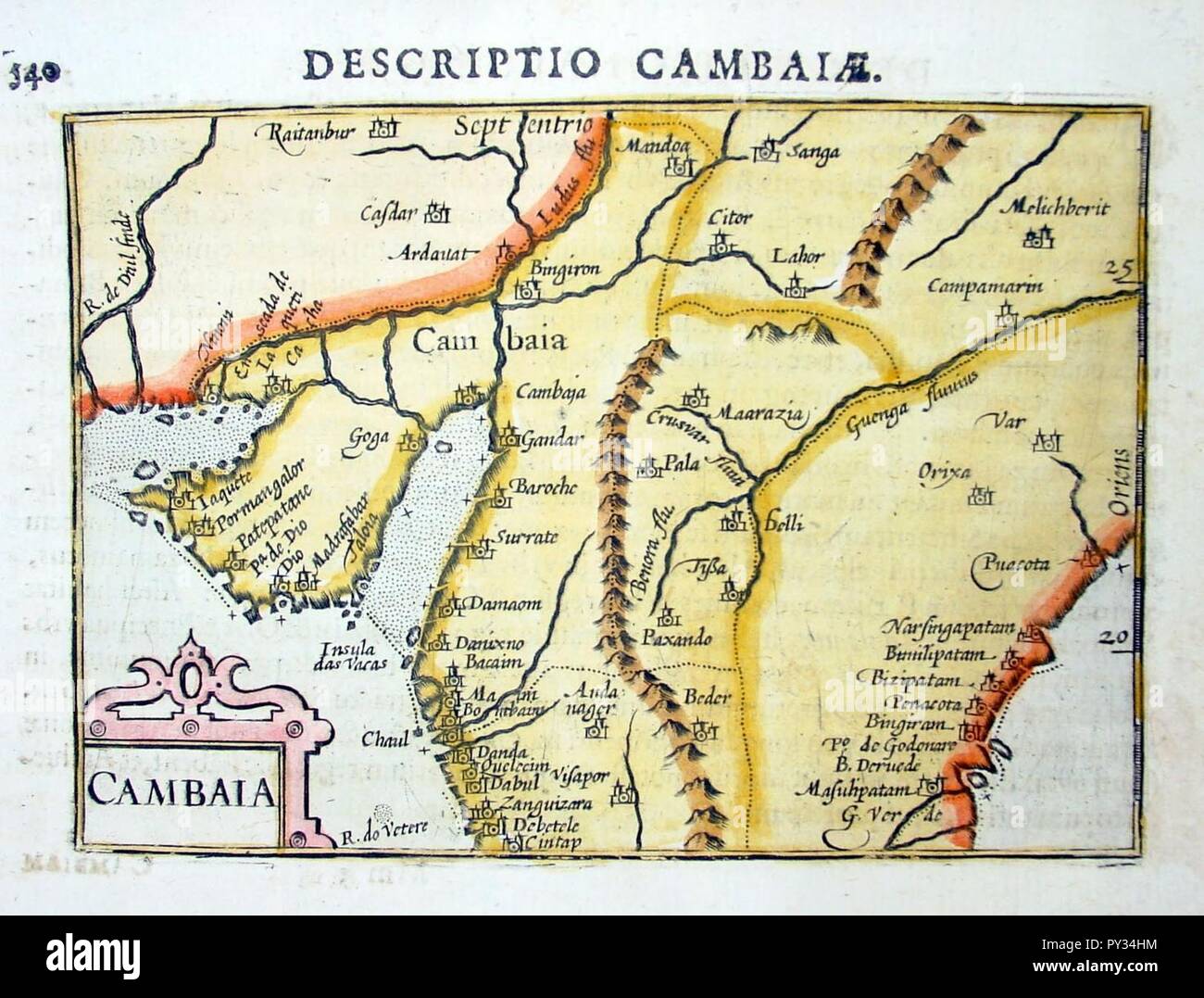 Cambaia, a miniature map by Abraham Ortelius, published in 1583, with ...
