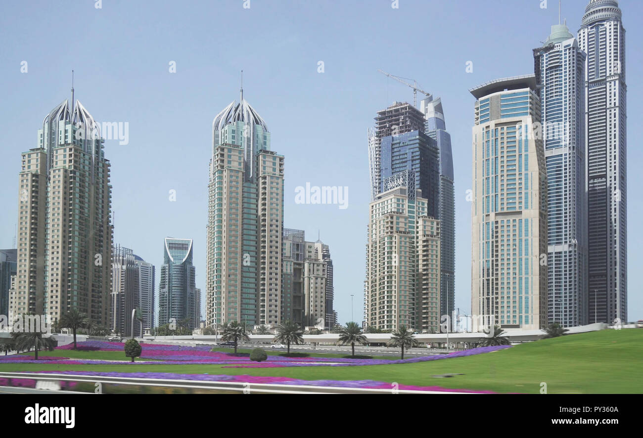 Travel on the roads of Dubai, skyscrapers of the Dubai Marina area ...