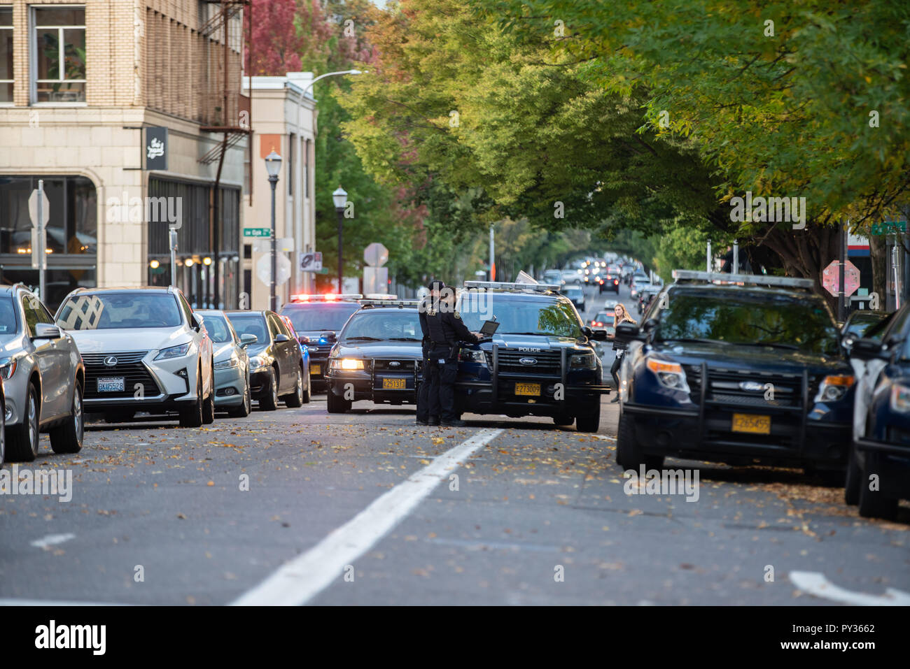 Portland, OR / USA - October 6 2018: Multiple police cars blocking a ...
