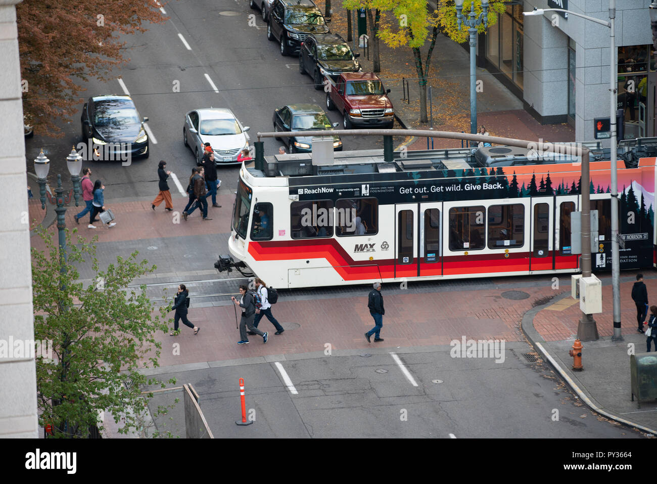 Portland, OR / USA - October 6 2018: Trimet light rail train crossing ...