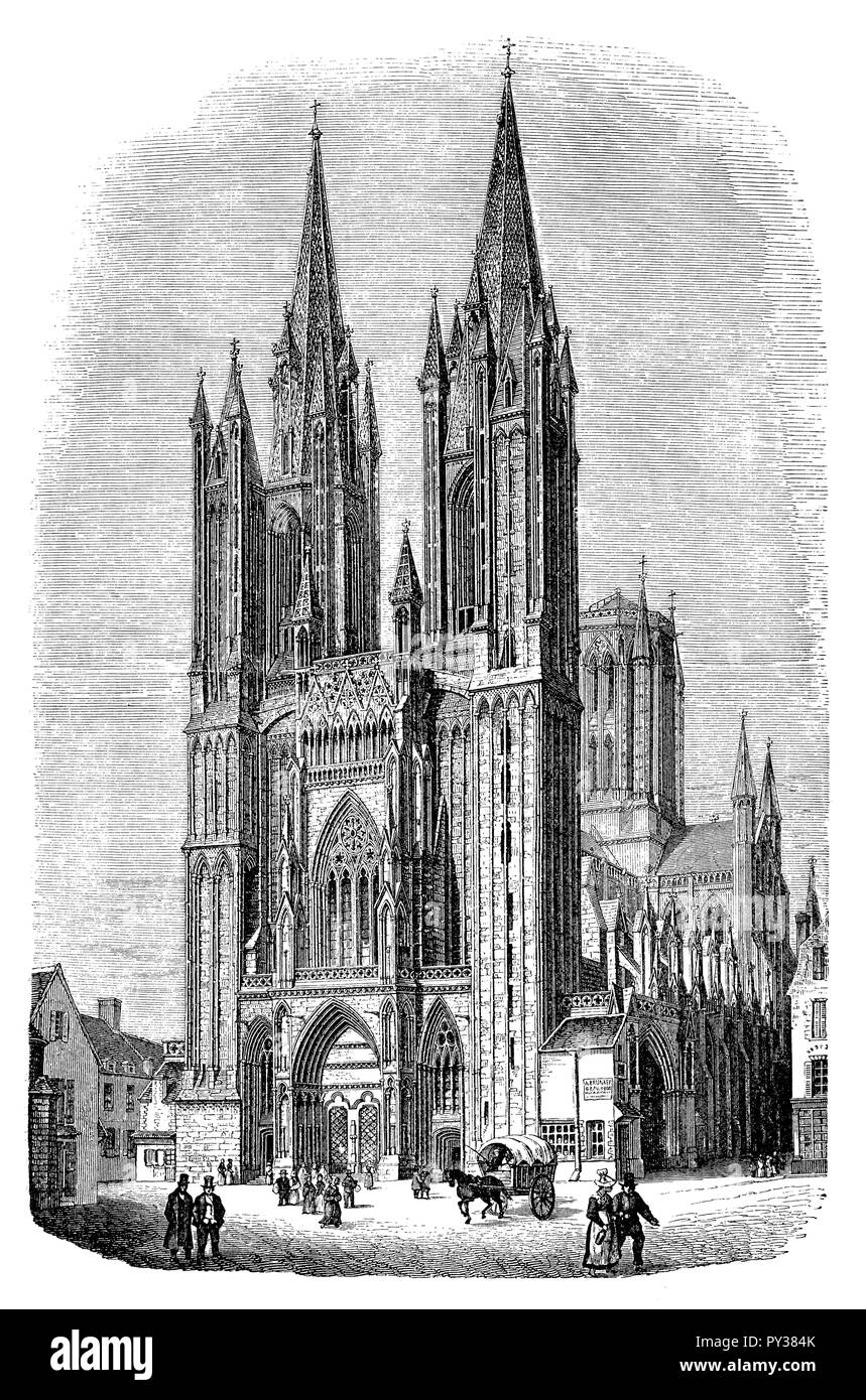 Coutances Cathedral: Facade, 1870 Stock Photo - Alamy