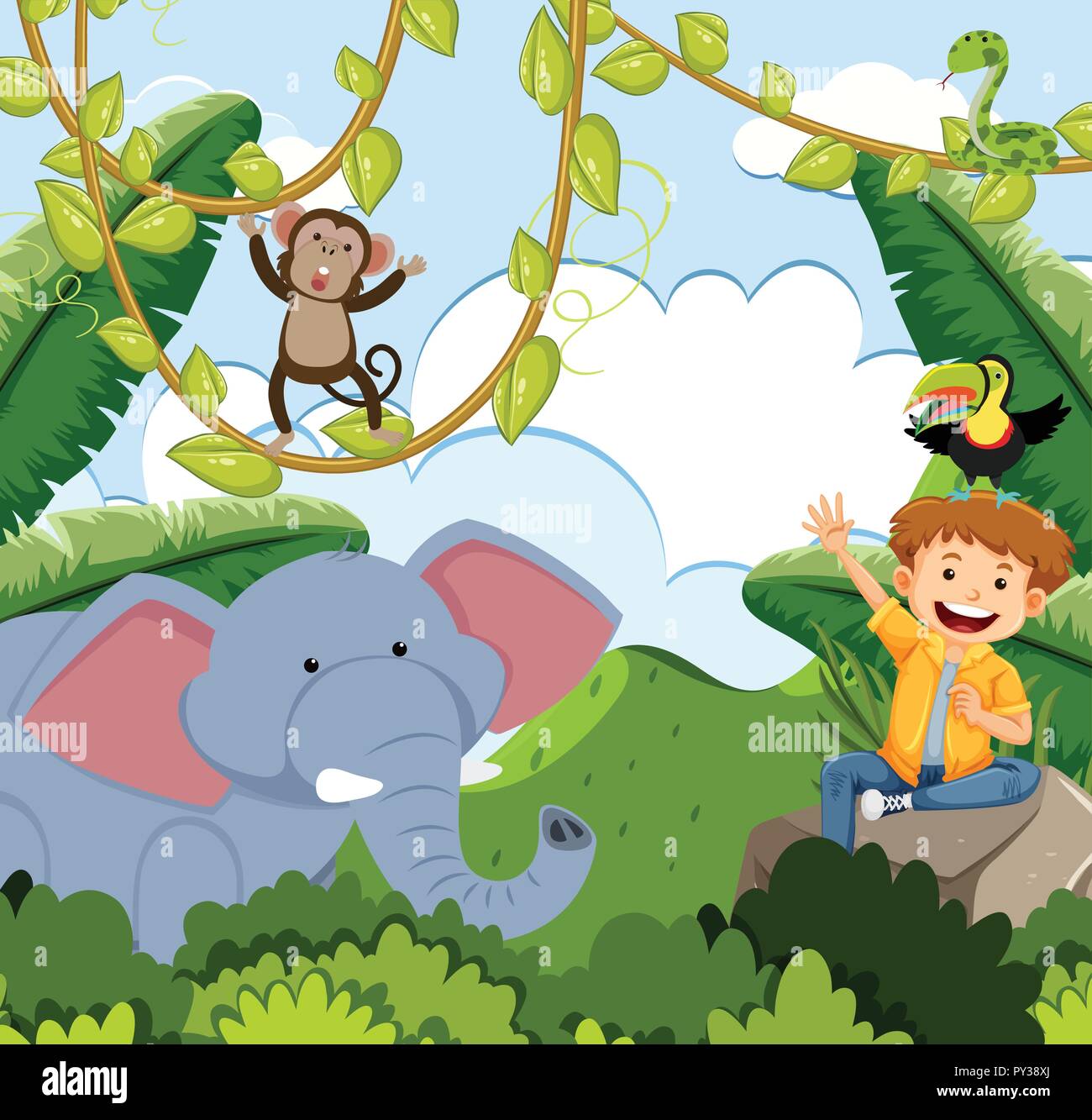 Boy and Animals in Jungle illustration Stock Vector Image & Art - Alamy