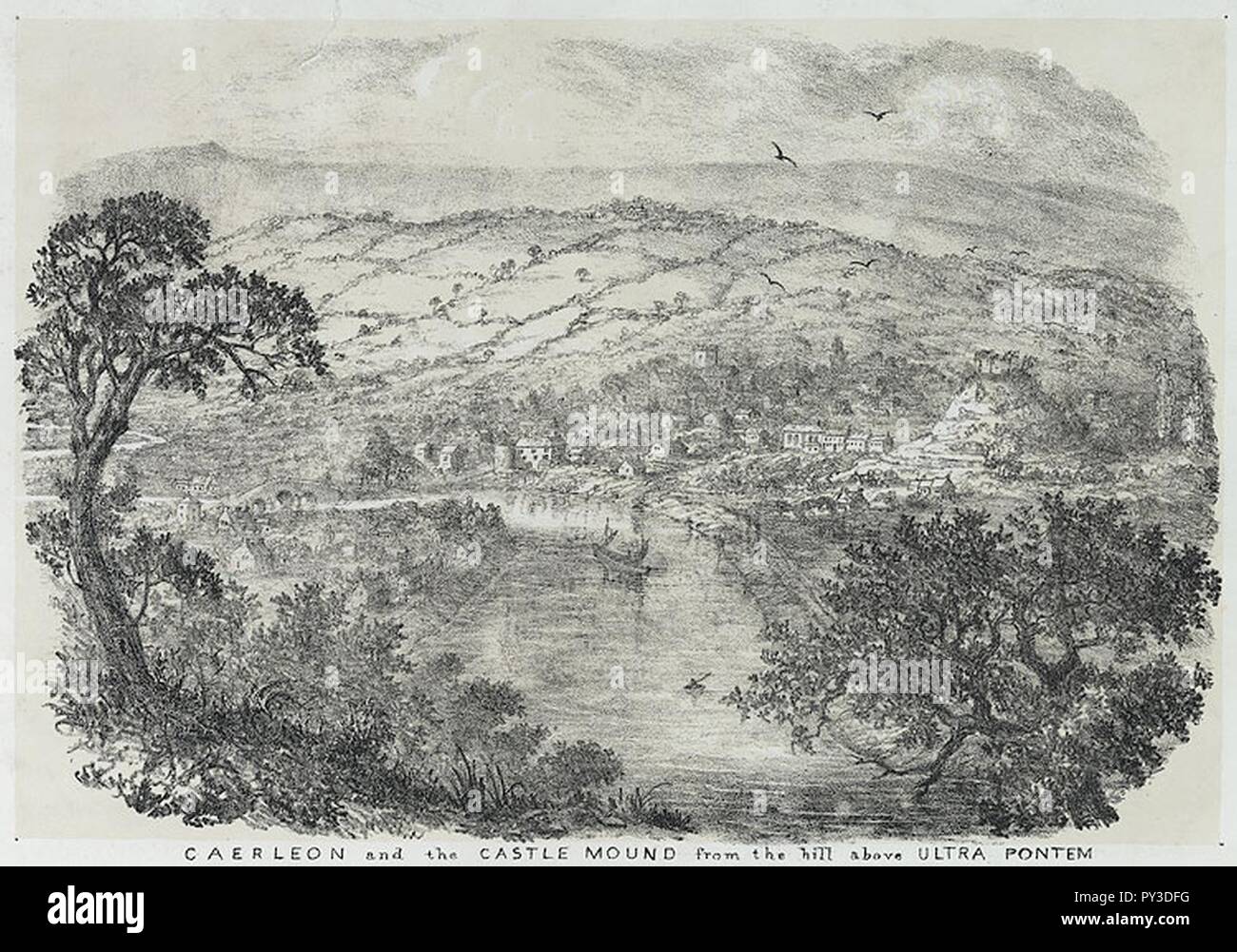 Caerleon and the Castle Mound from the hill above Ultra Pontem Stock ...