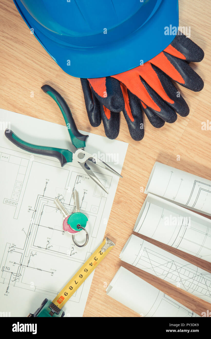 Home keys with diagrams or electrical construction drawings, protective ...