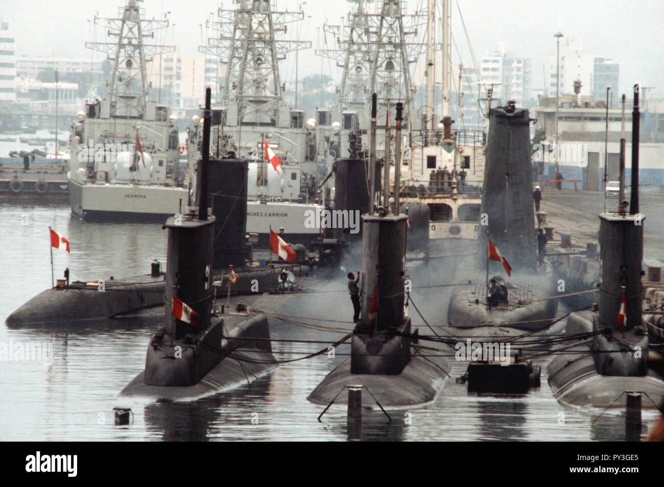 A view of Peruvian submarines and patrol craft moored in the port of ...