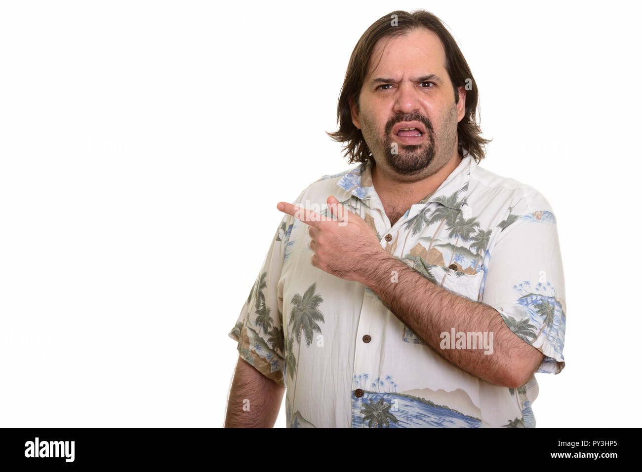 Angry fat Caucasian man pointing finger ready for vacation Stock Photo ...