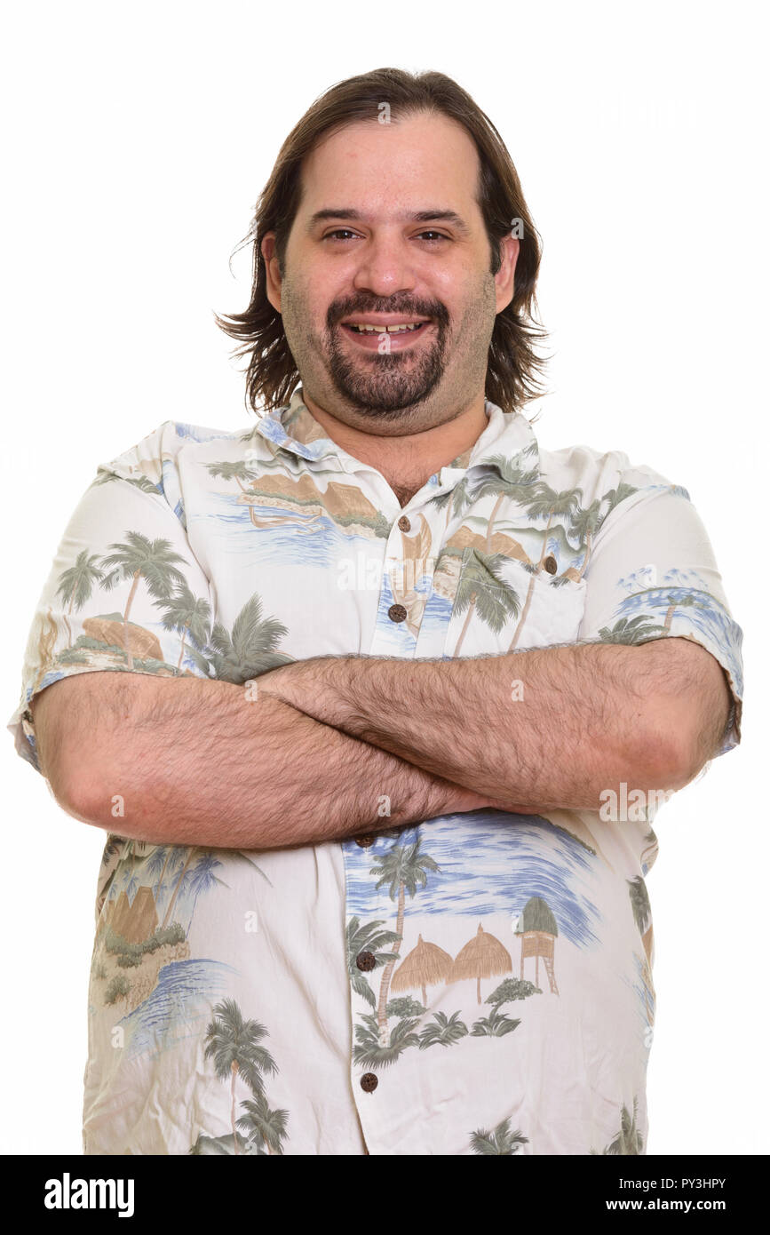 Happy fat Caucasian man smiling with arms crossed ready for vaca Stock ...