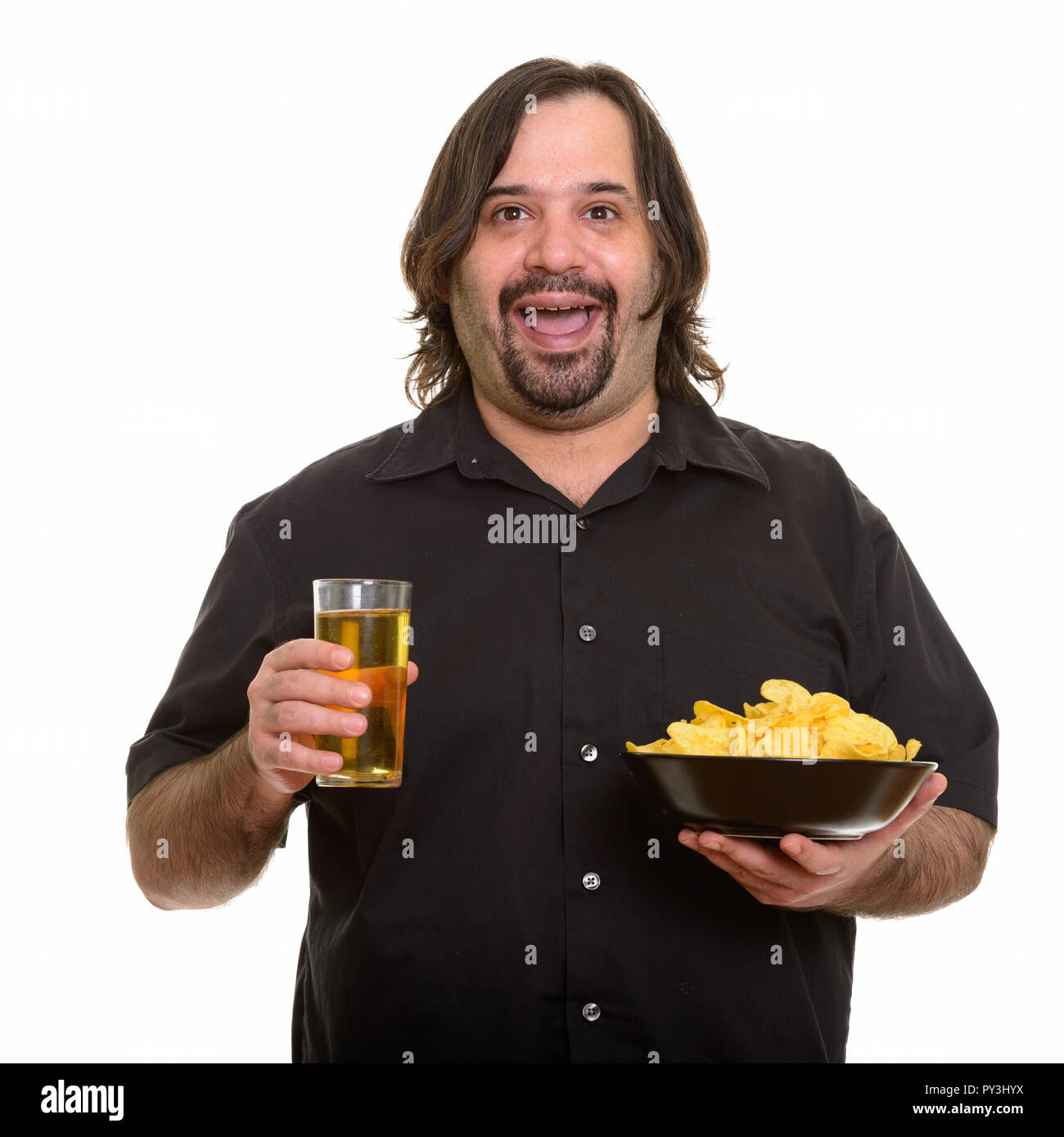 Happy fat bearded Caucasian man smiling while holding bowl of ch Stock ...