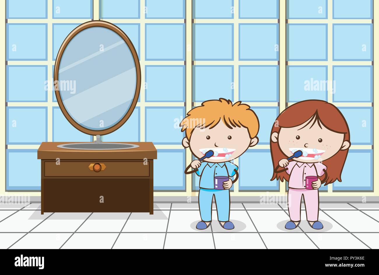 Children Brushing Teeth in Bathroom illustration Stock Vector Image ...