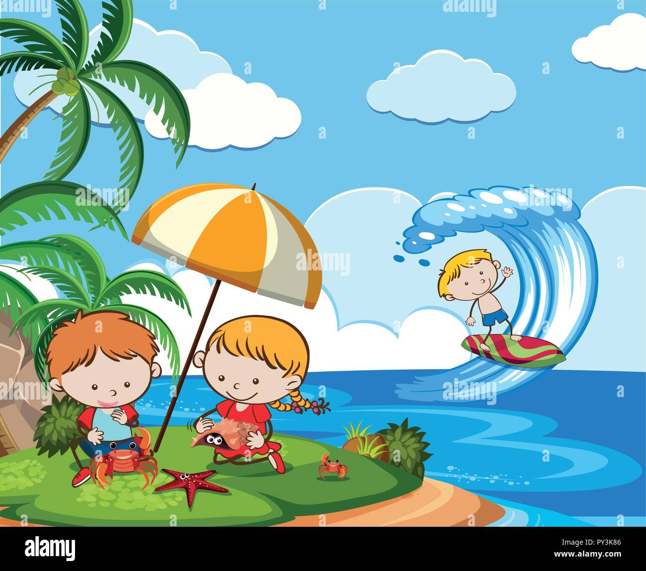 Kids Playing At The Beach Clip Art