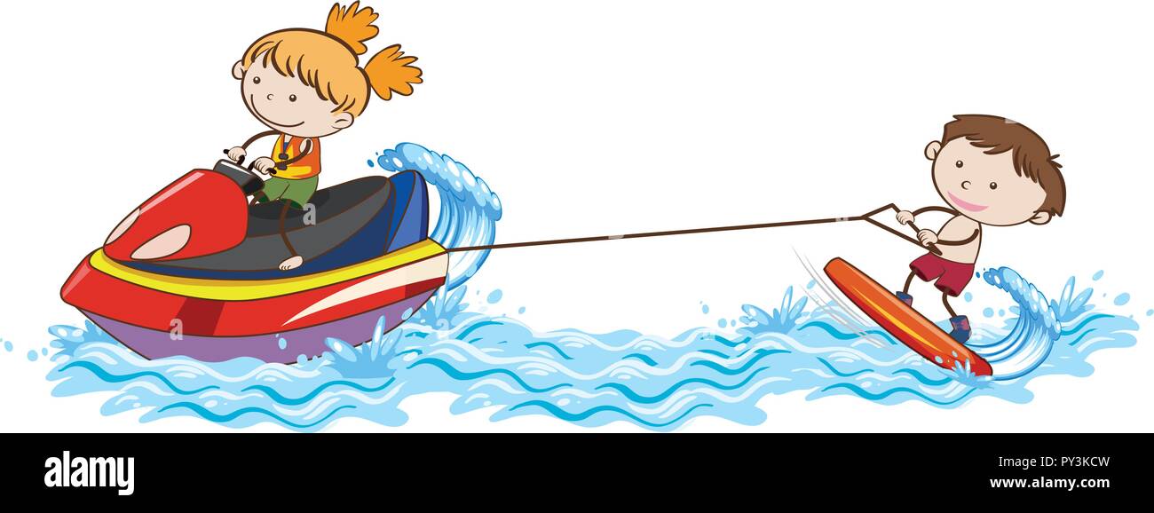 Doodle Kids Wakeboarding at the Ocean illustration Stock Vector Image ...
