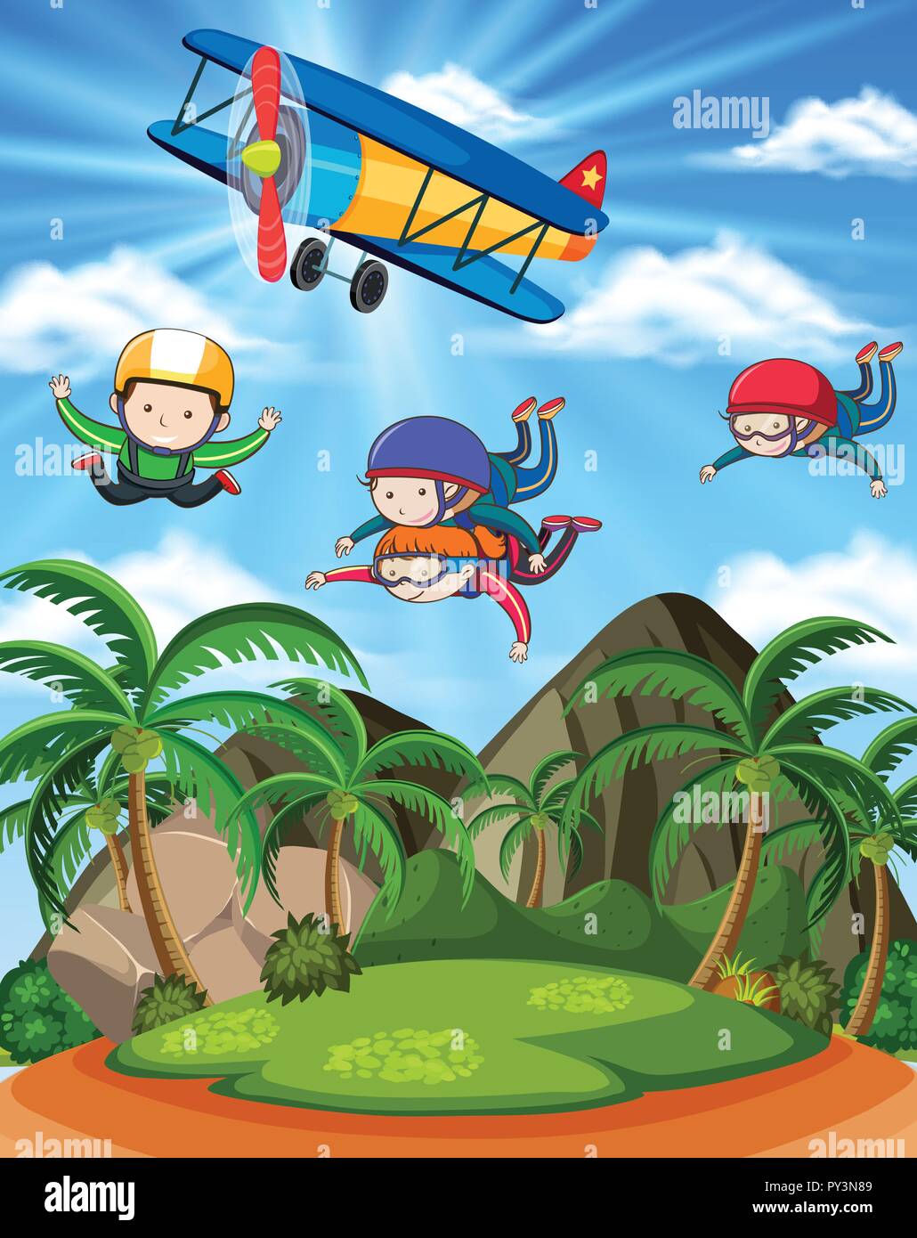 People skydiving over beautiful landscape illustration Stock Vector ...