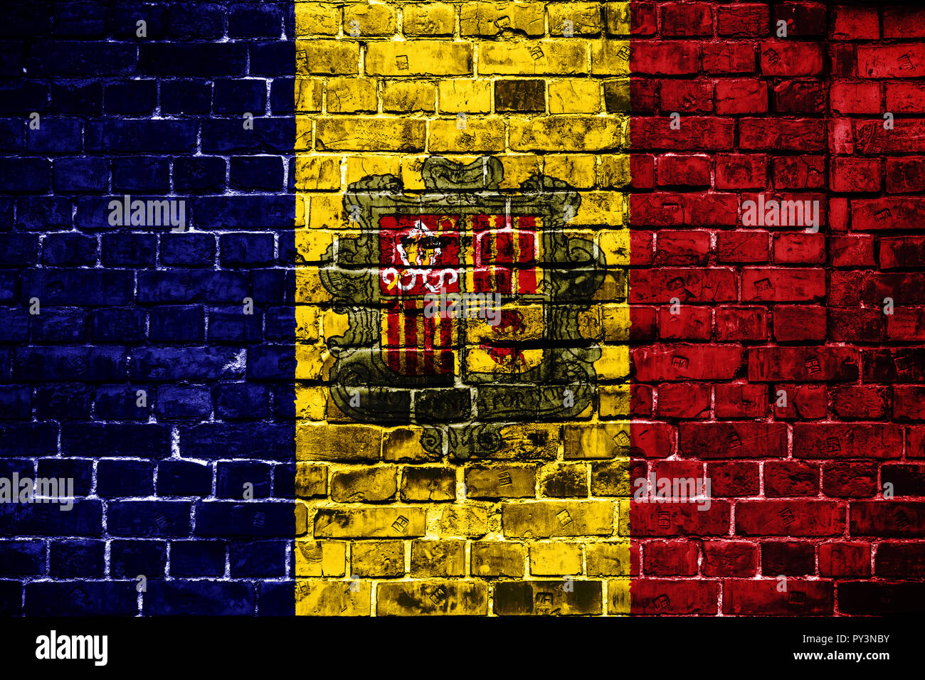 National flag of Andorra on a brick background. Concept image for ...