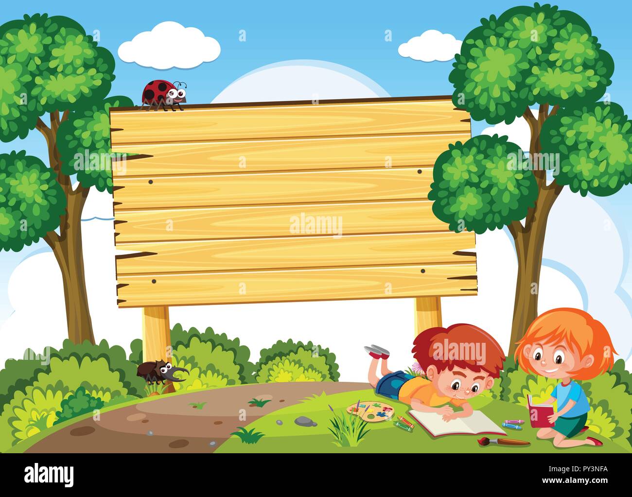 Children study in nature and signboard illustration Stock Vector Image ...