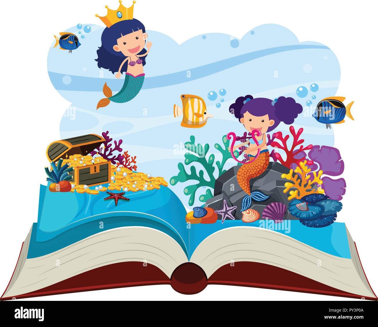 Underwater scene with mermaids pop up book illustration Stock Vector ...