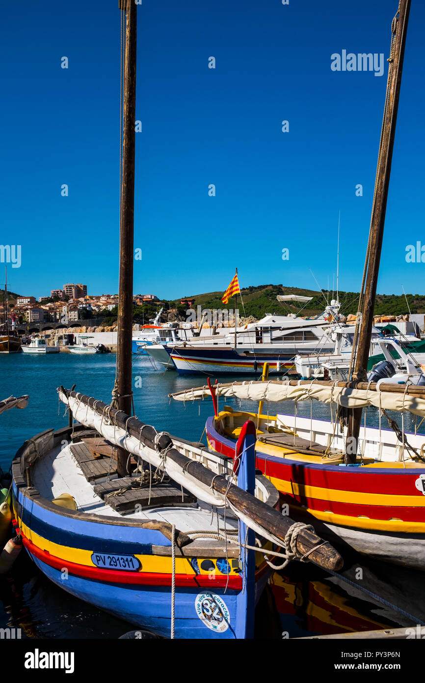 Traditional Catalan wooden fishing boats in the harbour in Banyuls Sur ...