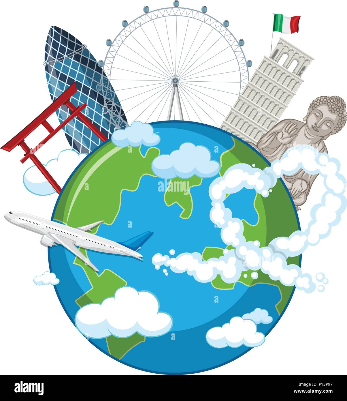Landmarks on globe with airplane illustration Stock Vector Image & Art ...