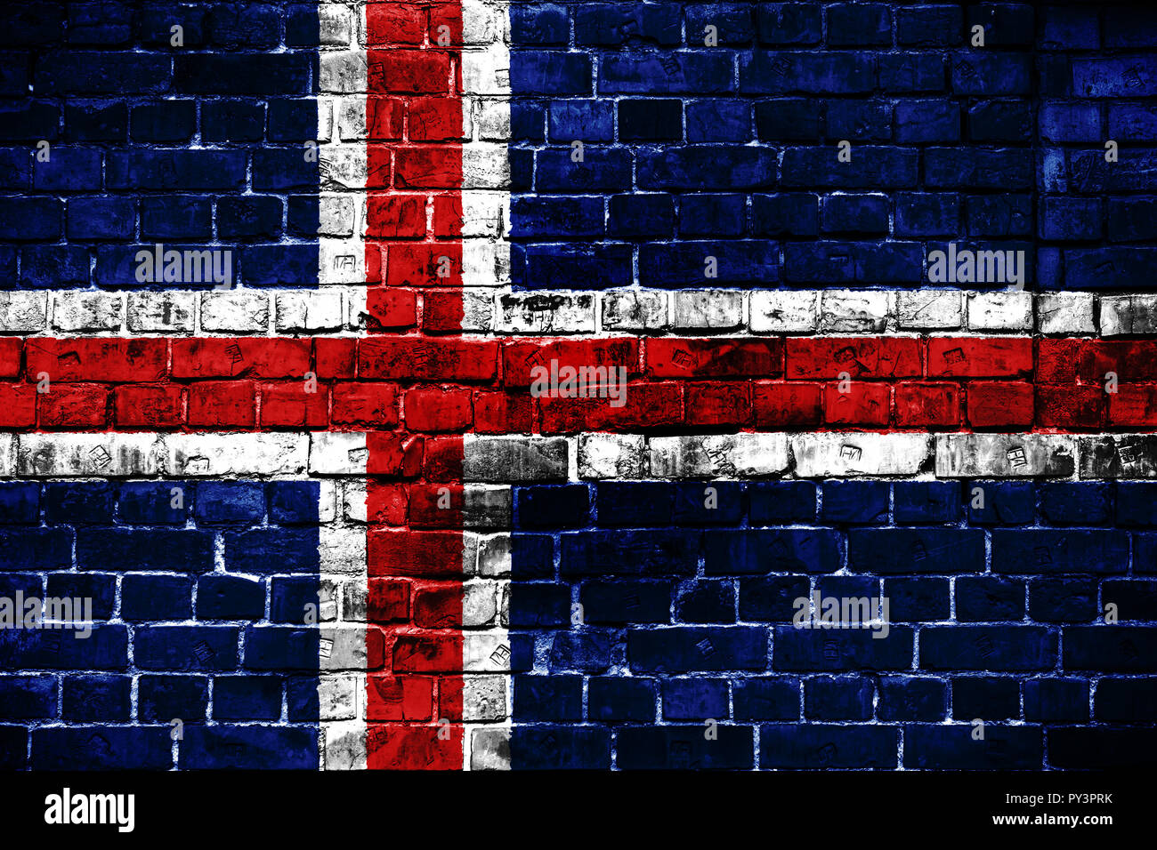 National flag of Iceland on a brick background. Concept image for ...
