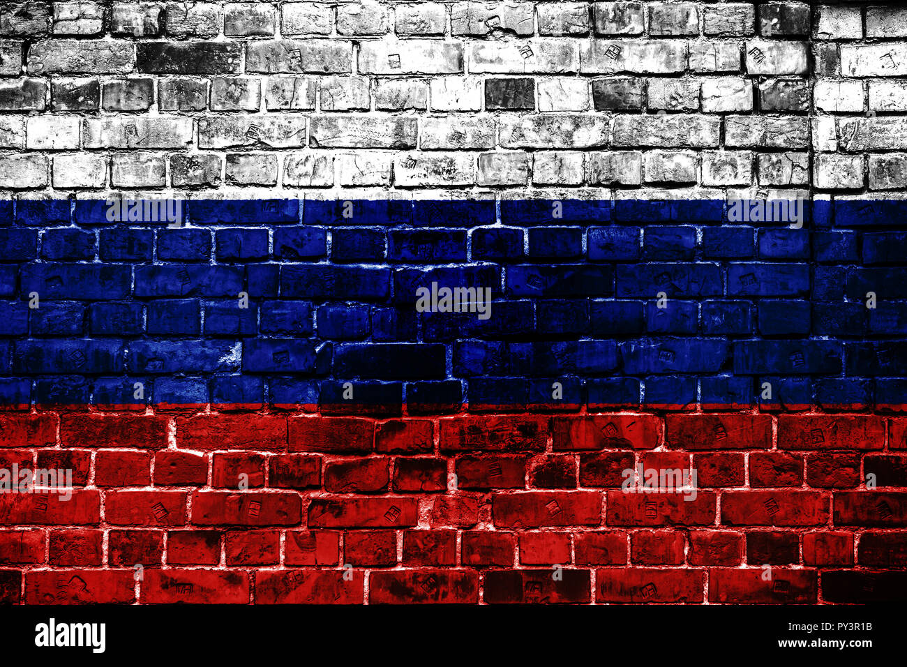 National flag of Russia on a brick background. Concept image for Russia ...