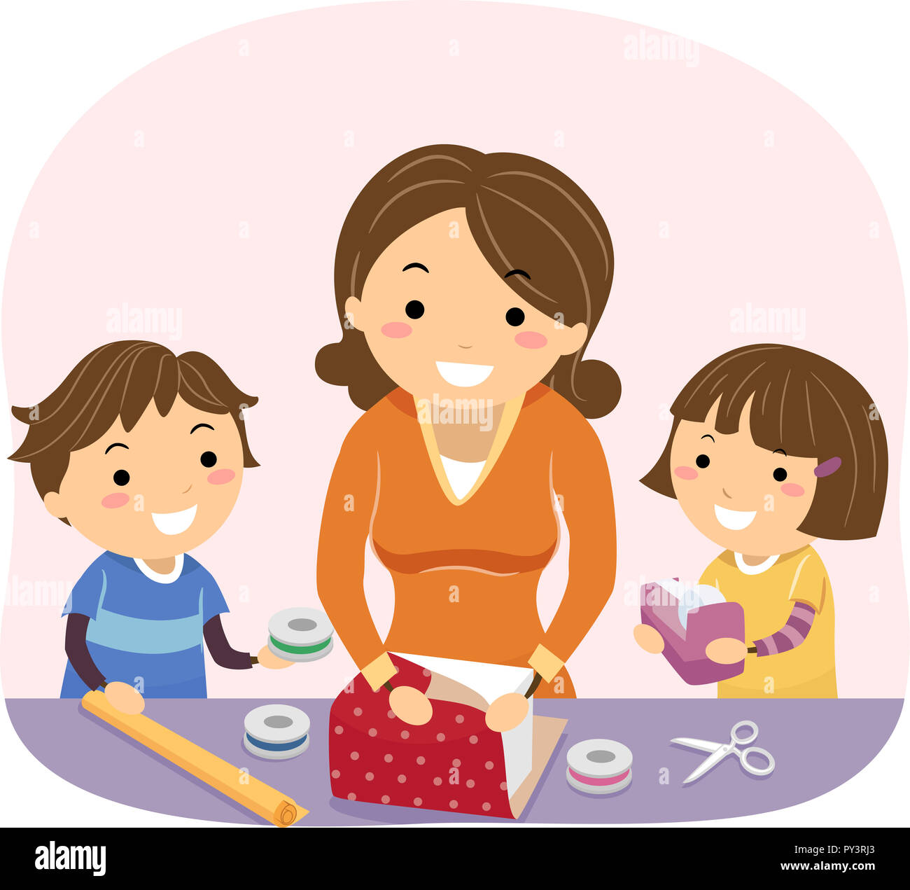 Illustration of Stickman Kids Helping their Mother to Wrap a Gift Stock ...