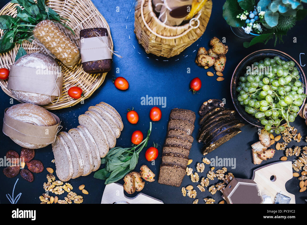 Delicious Bread. Themed decorated dinner table with appetizers. Top ...
