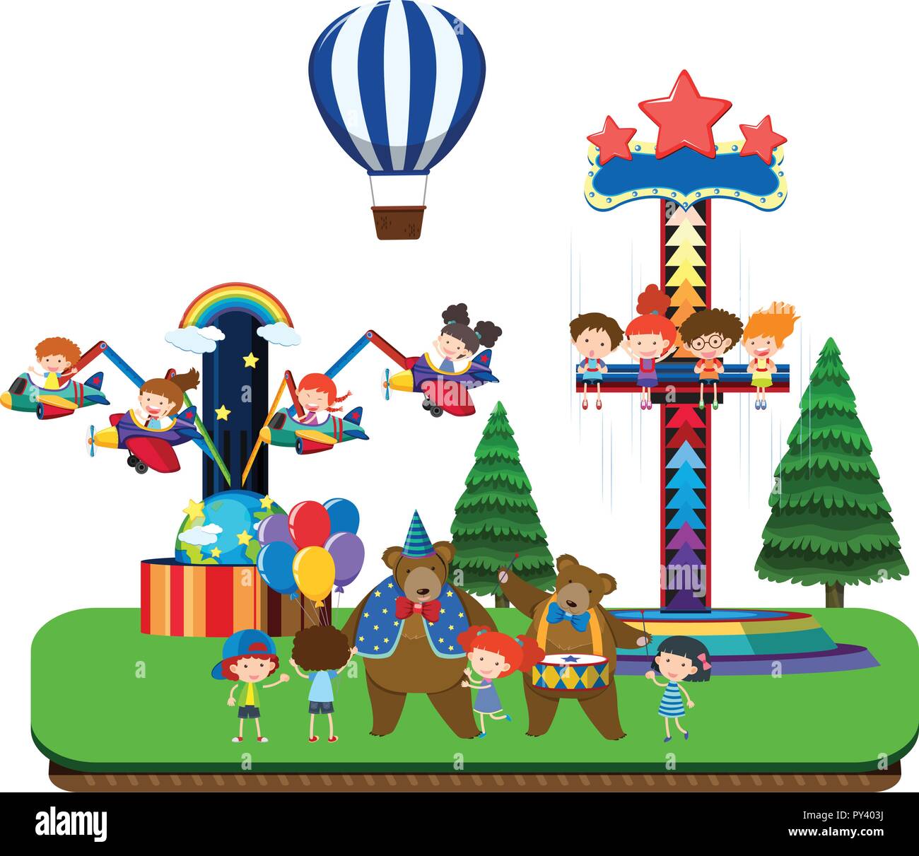 Kids at theme park and fun rides illustration Stock Vector Image & Art ...