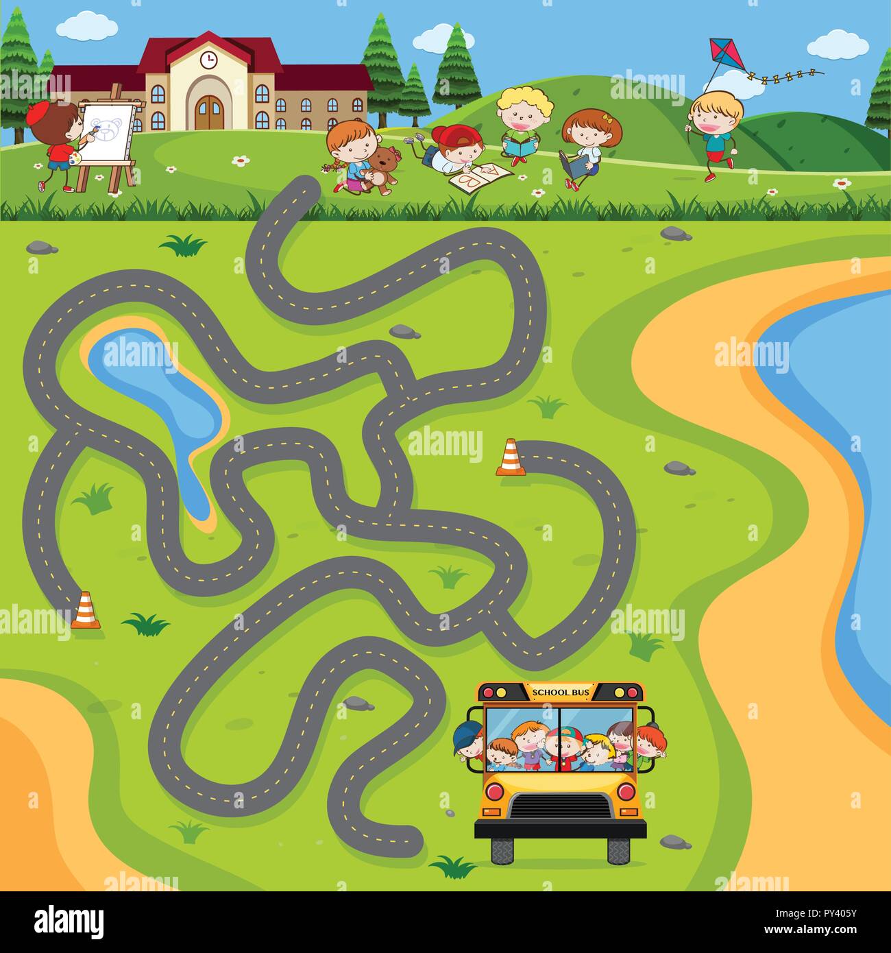 School Bus Maze Puzzle Game illustration Stock Vector Image & Art - Alamy