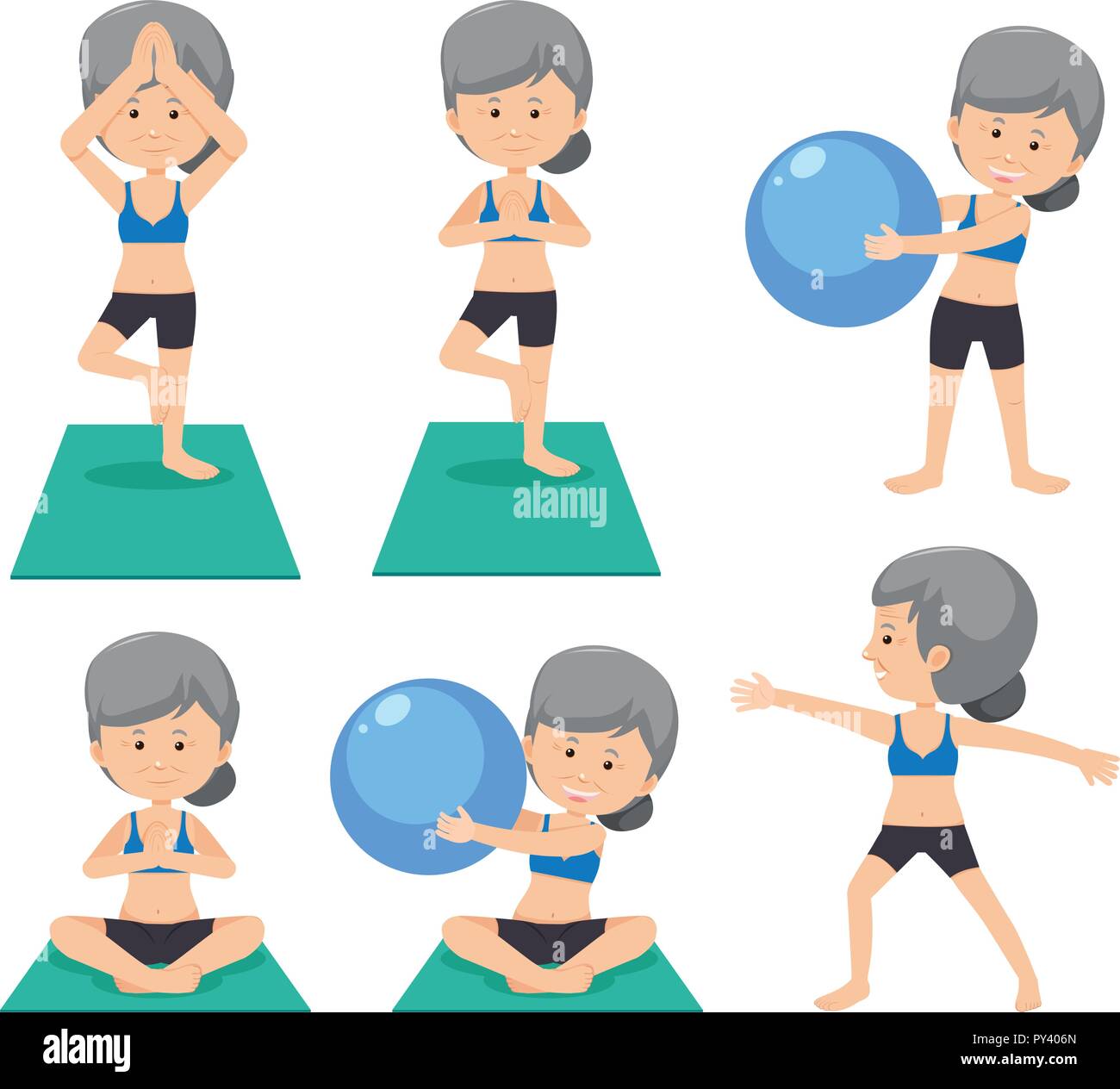 Elderly lady doing different excercise illustration Stock Vector Image ...